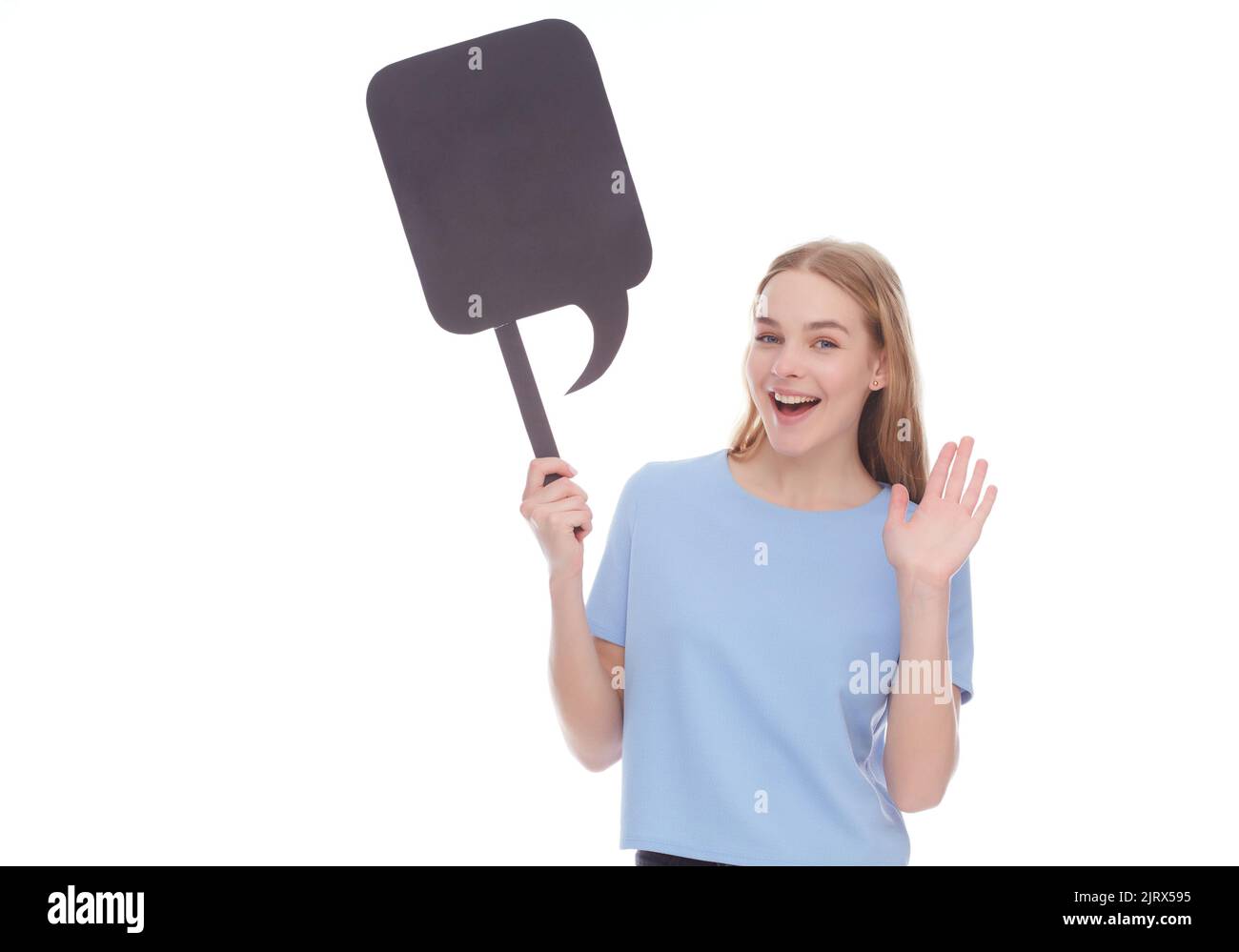Very happy excited, businesswoman showing blank banner signboard ...