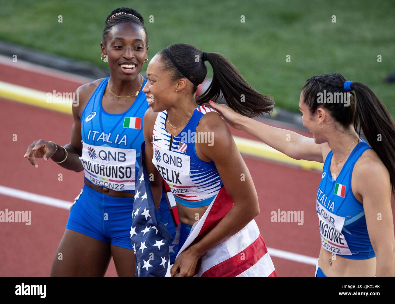 Ayomide Folorunso, Allyson Felix and Alice Mangione celebrate after ...