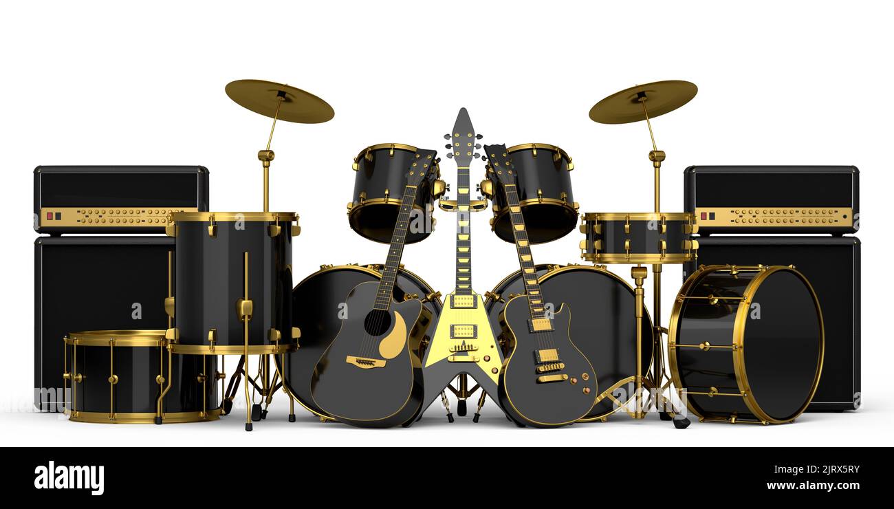 Set of realistic drums with metal cymbals or drumset, amplifier and ...