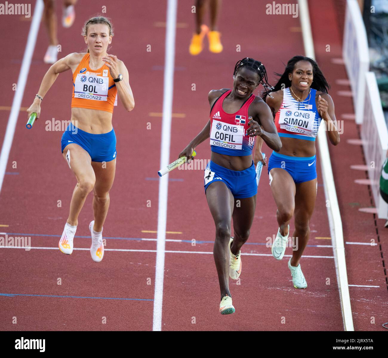 Femke Bol, Fiordaliza Cofil and Kennedy Simon competing in the mixed ...