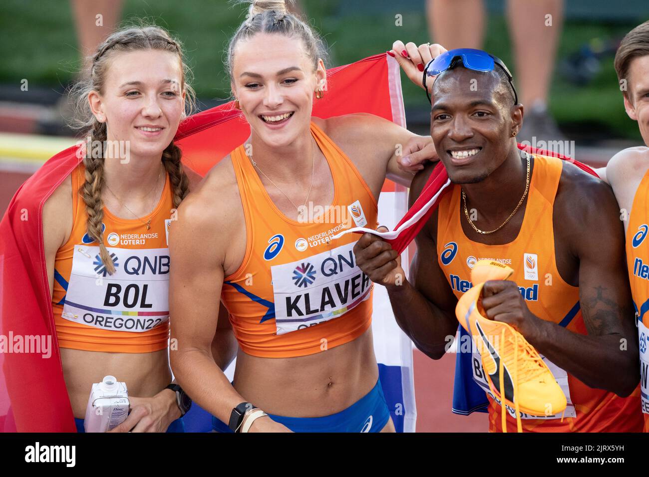 Femke Bol and Lieke Klaver of the Netherlands competing in the mixed ...