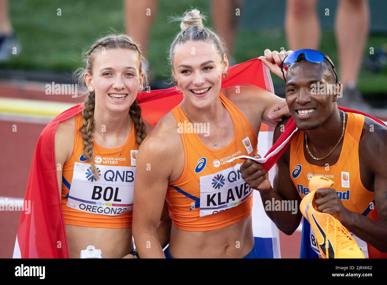 Femke Bol, Lieke Klaver and Liemarvin Bonevacia of the Netherlands ...