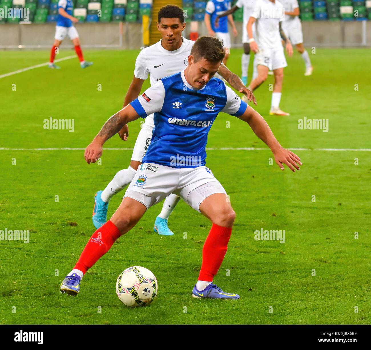 Jordan Stewart - Linfield Vs RFS, Europa Conference League Play-Off ...