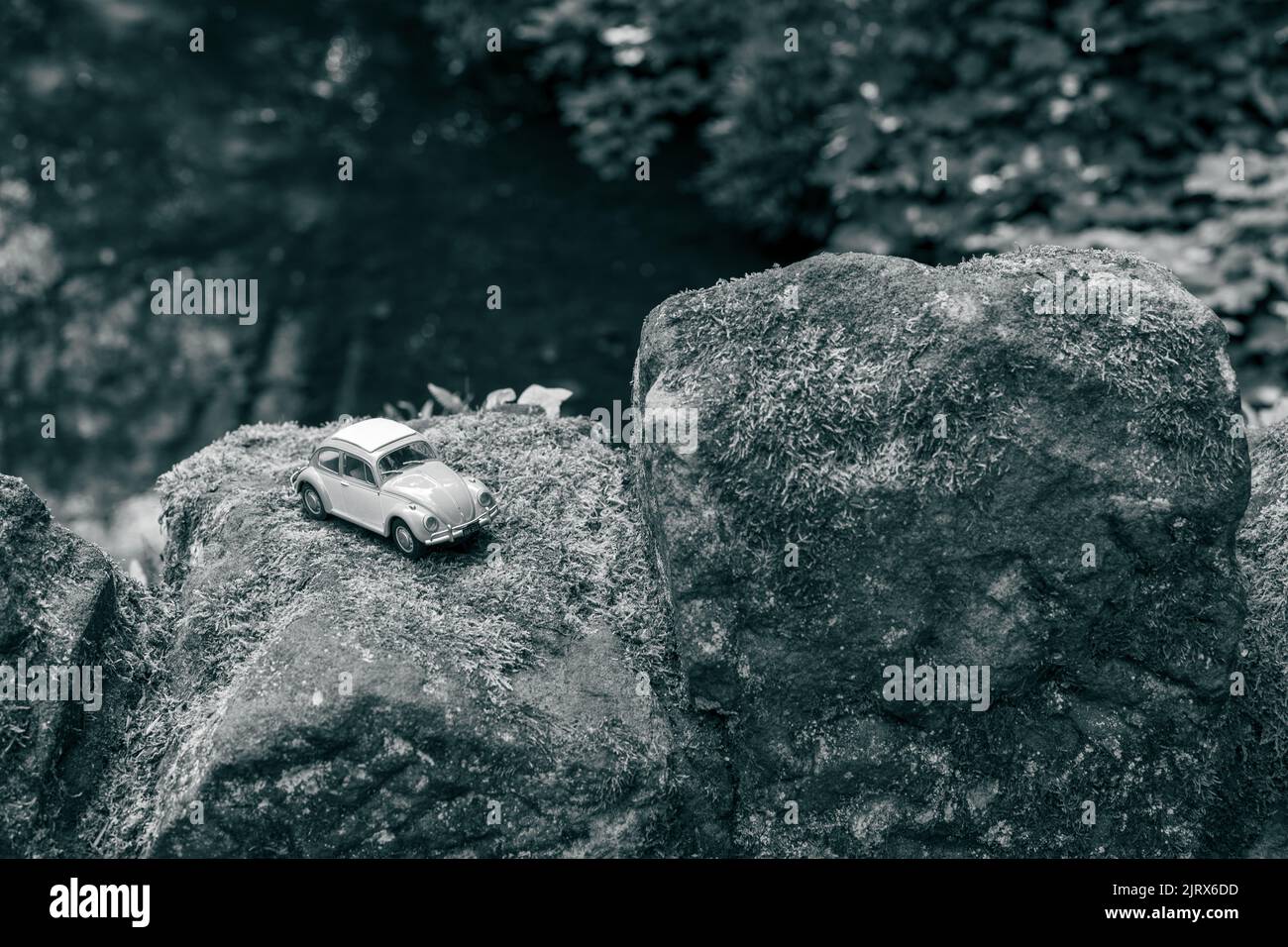 VW Beetle model car, car in a nature scene, on a mossy stone. Driving ...