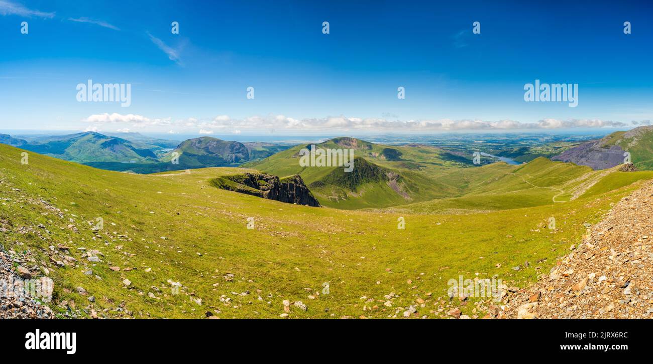 A scenic panoramic view from Mount Snowdon on a bright sunny day, Wales ...