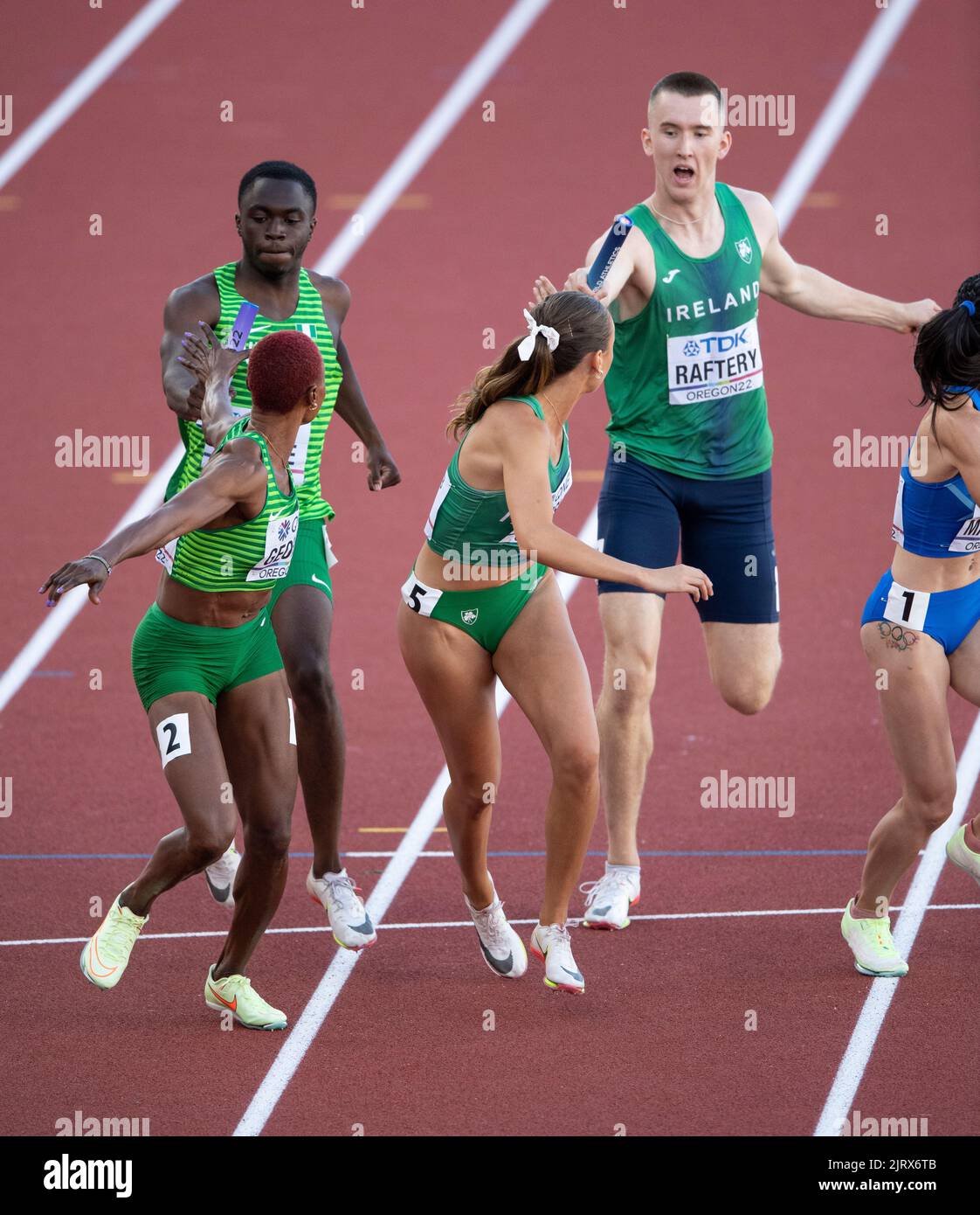 Jack Raftery competing in the mixed relay final at the World Athletics ...
