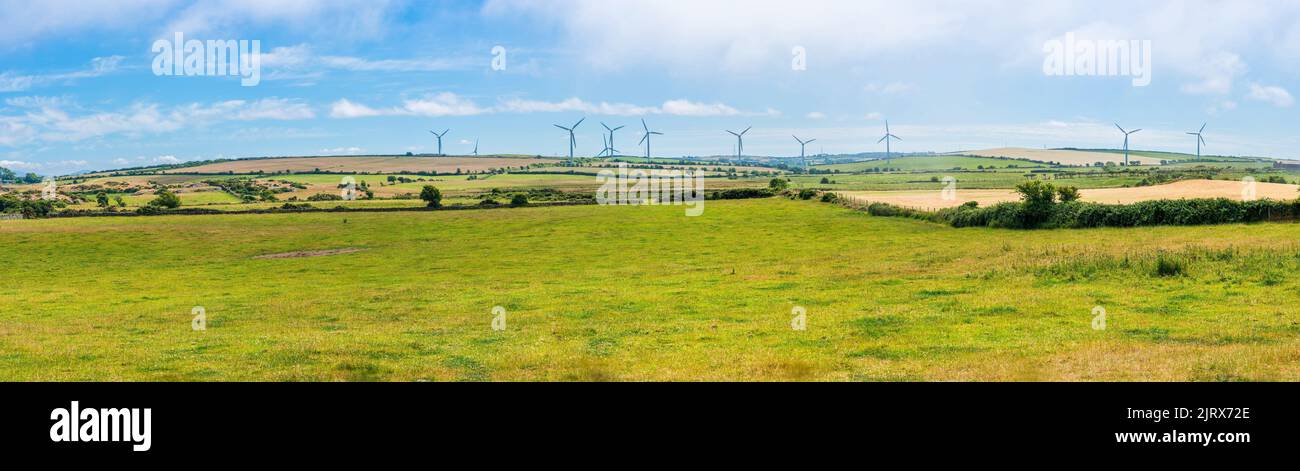 Panoramic view of rural landscape with wind turbines on the isle of ...