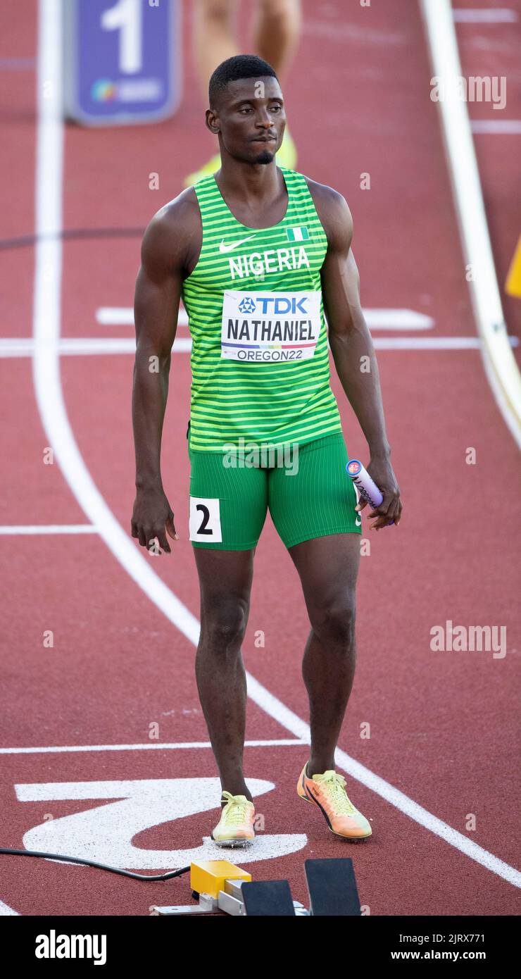 Samson Oghenewegba Nathaniel competing in the mixed relay final at the World Athletics ...