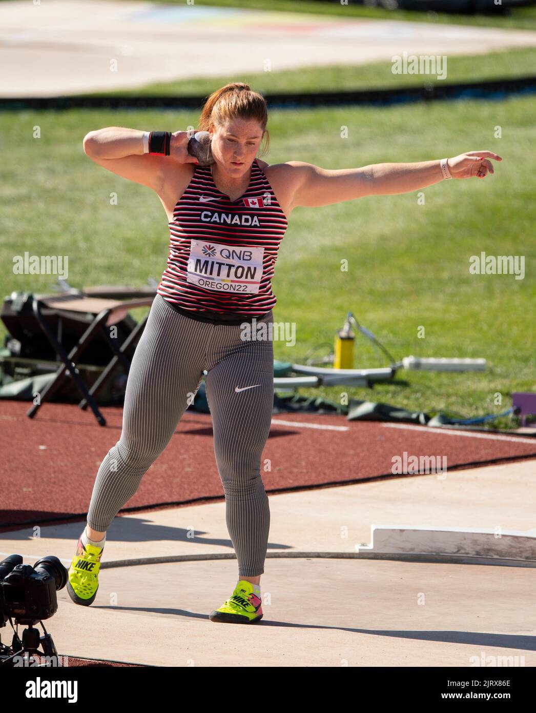 Sarah Mitton of Canada competing in the women’s shot put heats at the ...