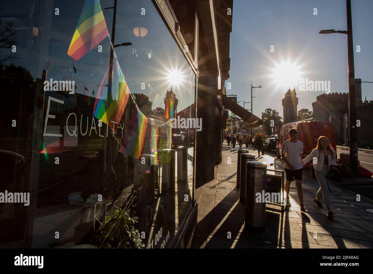 Cardiff, Wales, UK. 26th Aug, 2022. Pride Cymru flags and messages in a ...