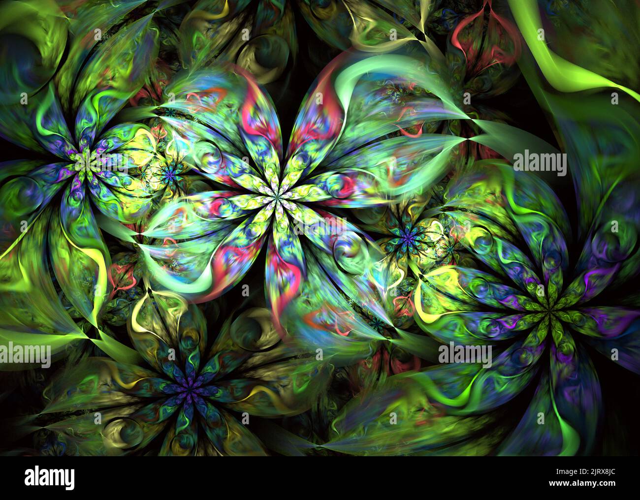 Dynamic flowing natural forms. Flowers and spirals. Mysterious ...