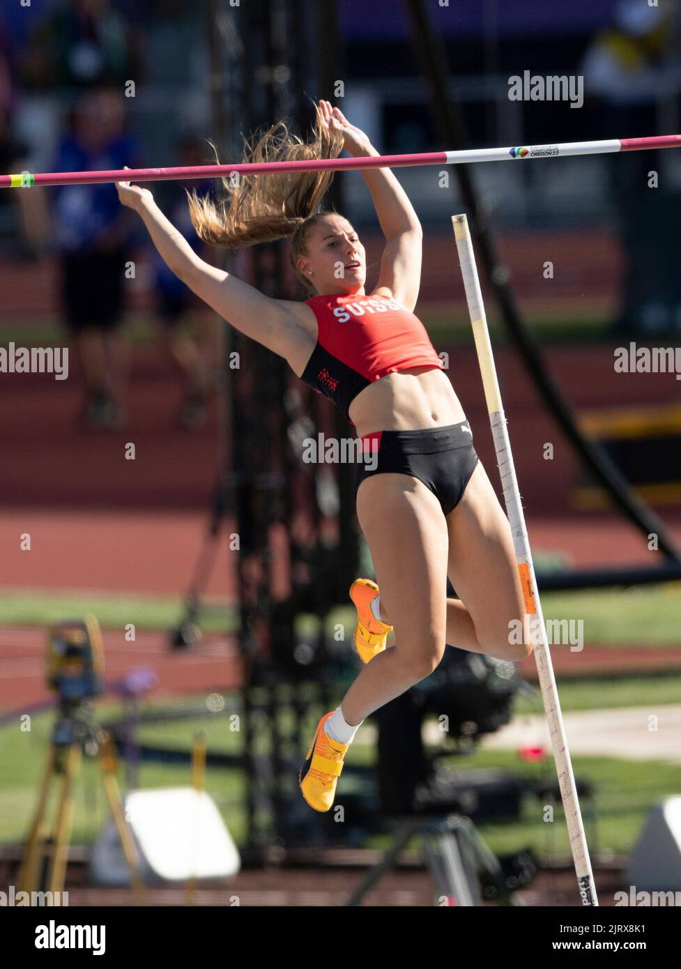 Angelica Moser competing in the women’s pole vault heats at the World ...