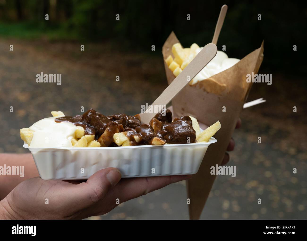 Traditional fast and street food in Belgium, French fried potatoes with ...