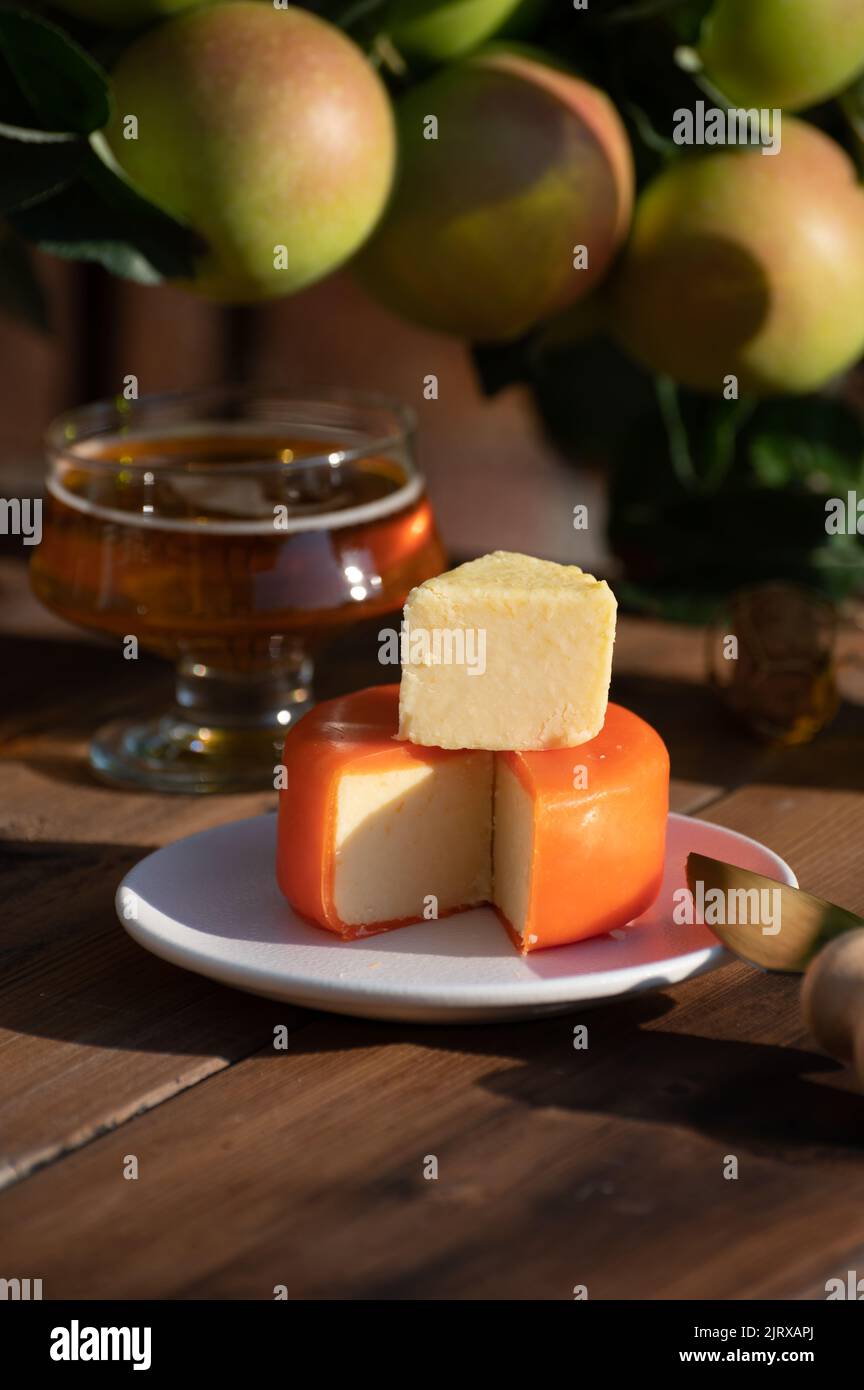 Food and drink pairing, apple cider in glasses produced on organic farm ...