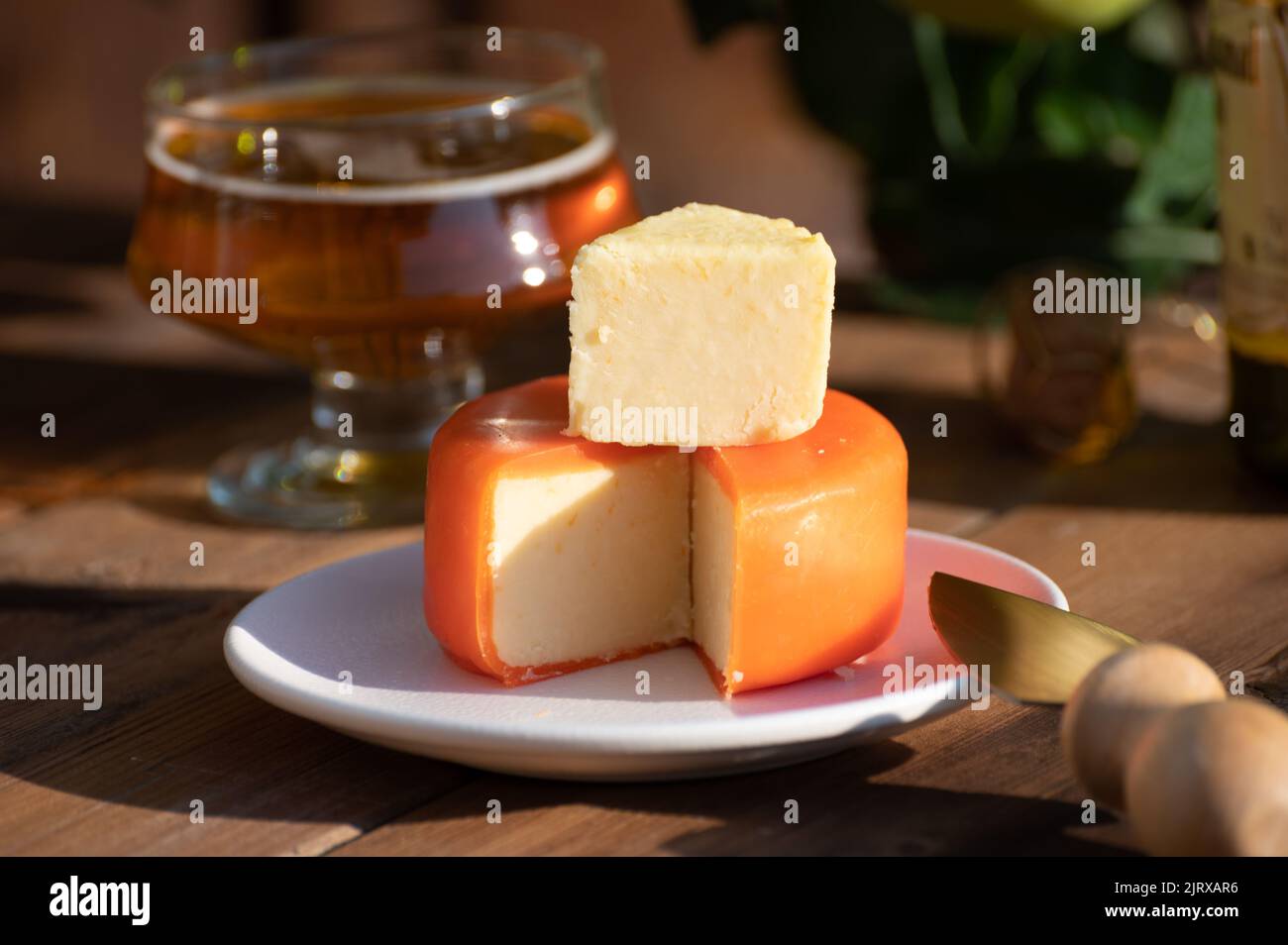 Food and drink pairing, apple cider in glasses produced on organic farm ...