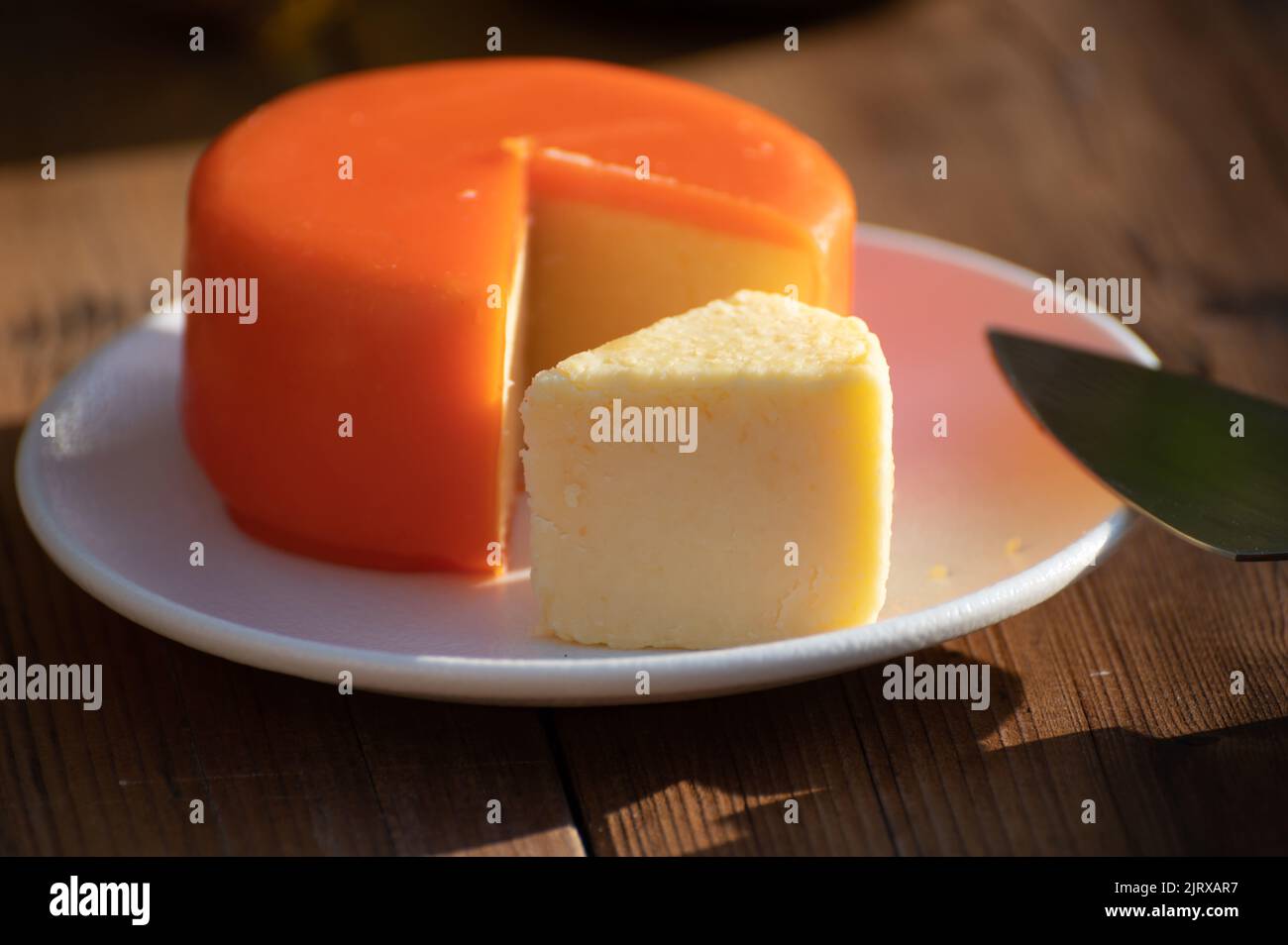 Tasting of organic farmers cheddar cheese in orange wax outdoor Stock ...