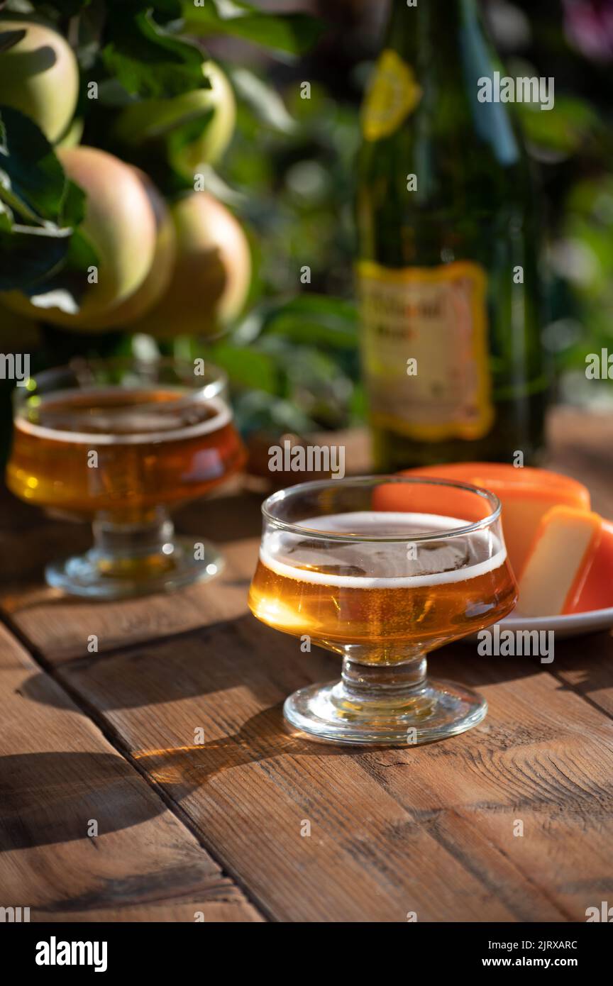 Food and drink pairing, apple cider in glasses produced on organic farm ...
