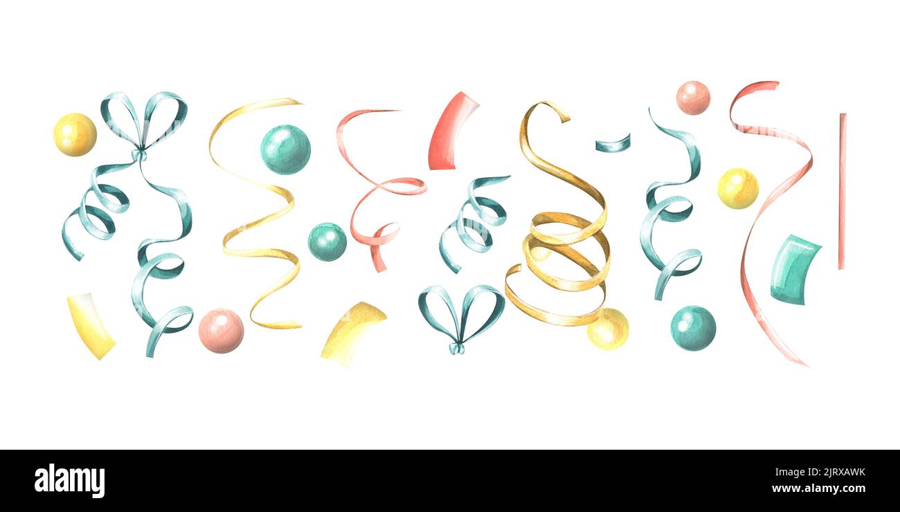 Various festive ribbons, confetti of different colors and shapes ...