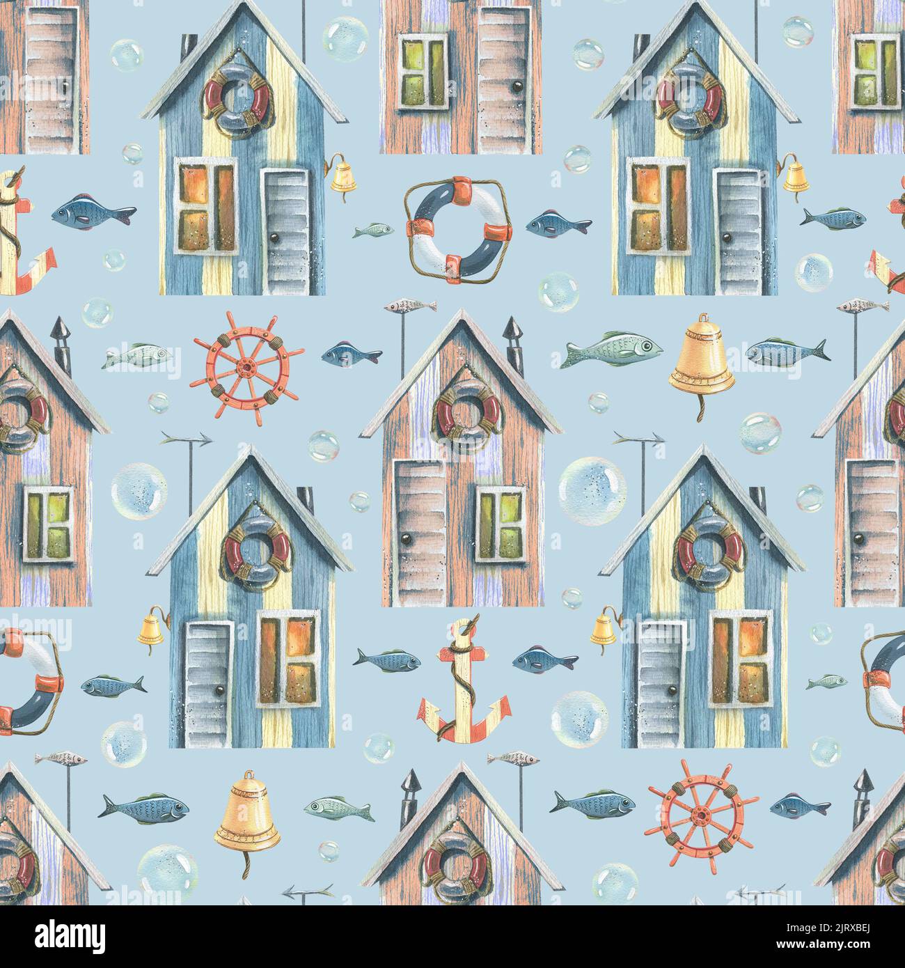 Fishing, sea houses with anchors, steering wheels, fish and bubbles ...