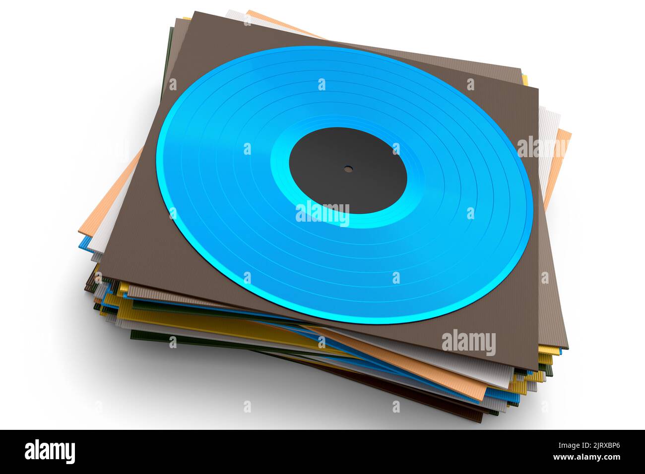 Black vinyl LP record with heap of covers isolated on white background ...