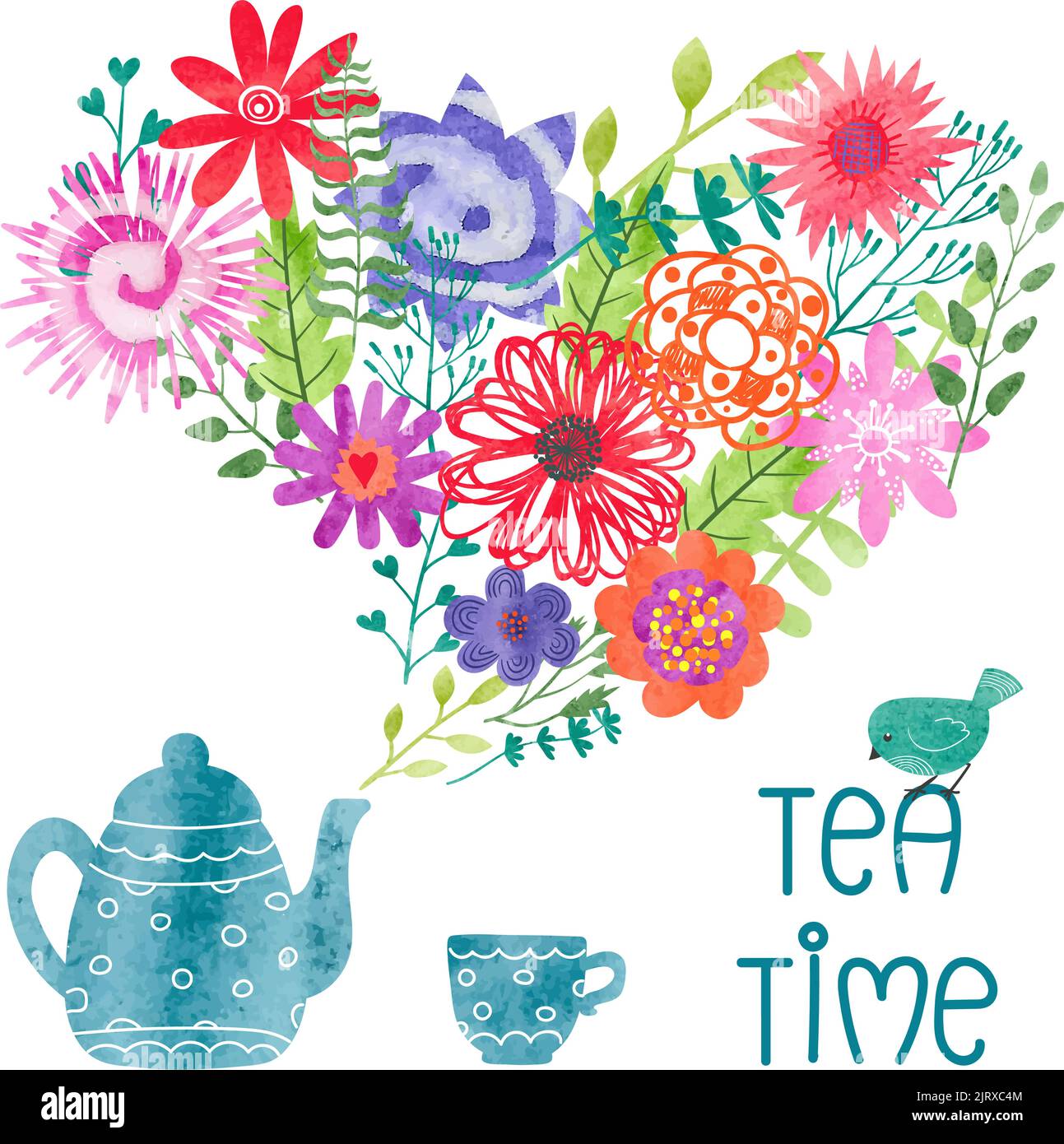 Watercolor tea time colorful vector illustration with teapot, cup and ...