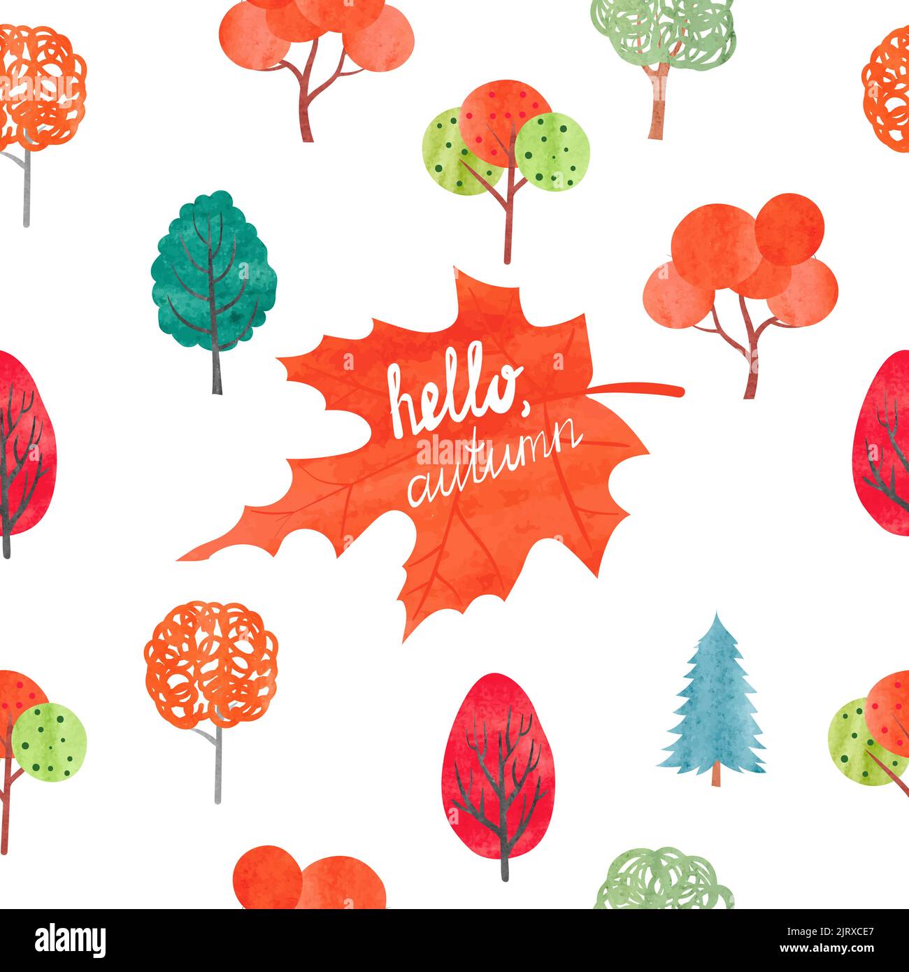 Watercolor autumn background. Colorful watercolor trees. Hello autumn lettering. Vector ...