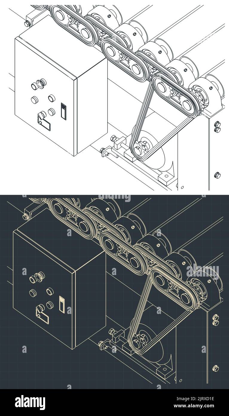 Stylized vector illustration of drawings of belt drive, roller conveyor ...