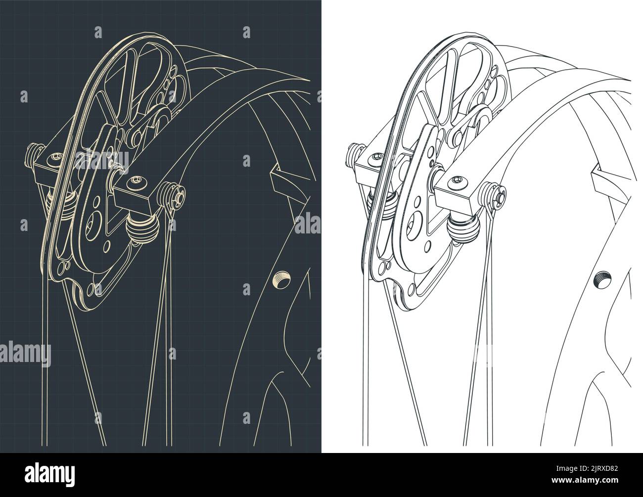 Stylized vector illustrations of blueprints of compound bow cam close ...
