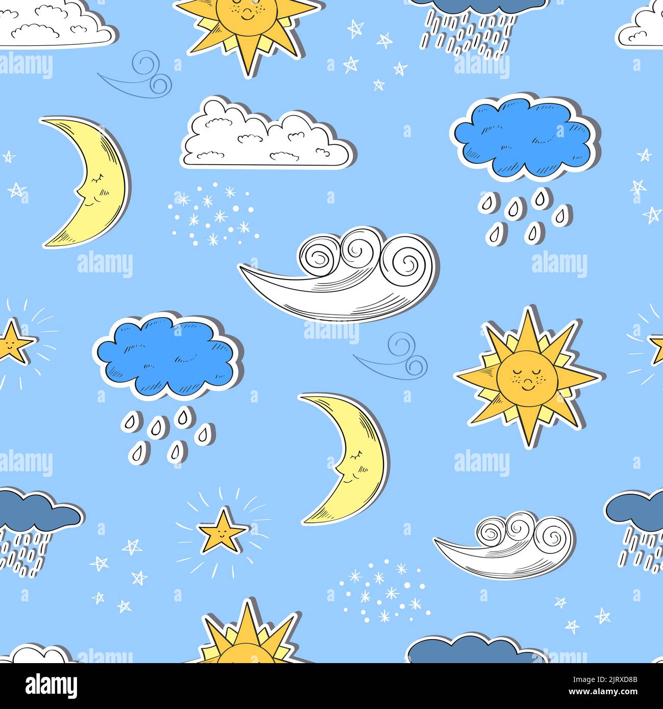 Weather seamless pattern. Cartoon sun, moon, star, clouds. Sketch ...
