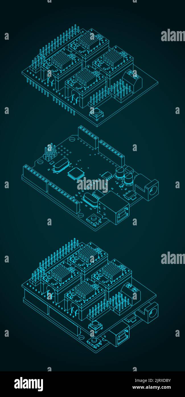 Stylized Vector Illustration Of Isometric Blueprints Of Arduino Uno And Cnc Shield Stock Vector