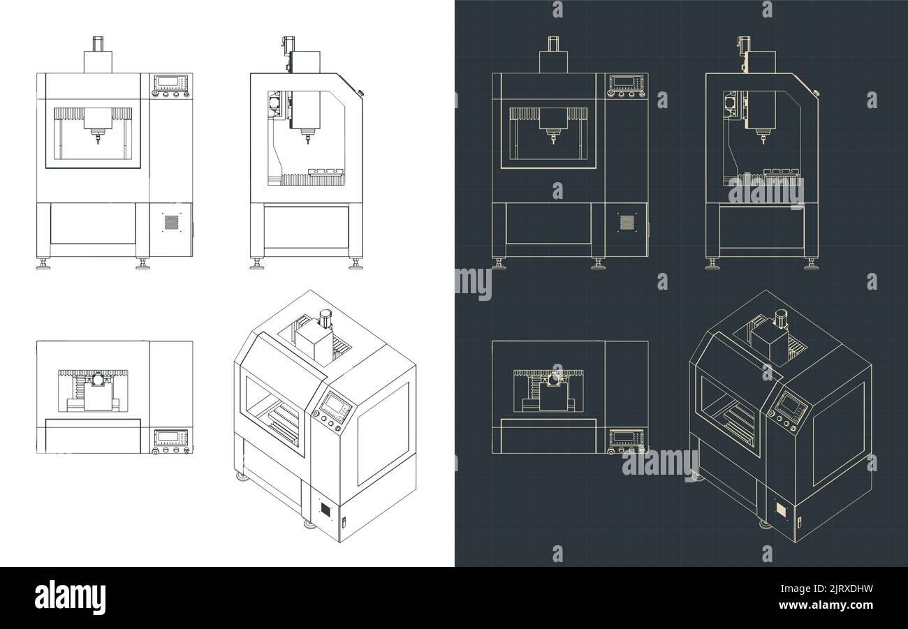 Stylized vector illustrations of blueprints of CNC PCB drilling and ...