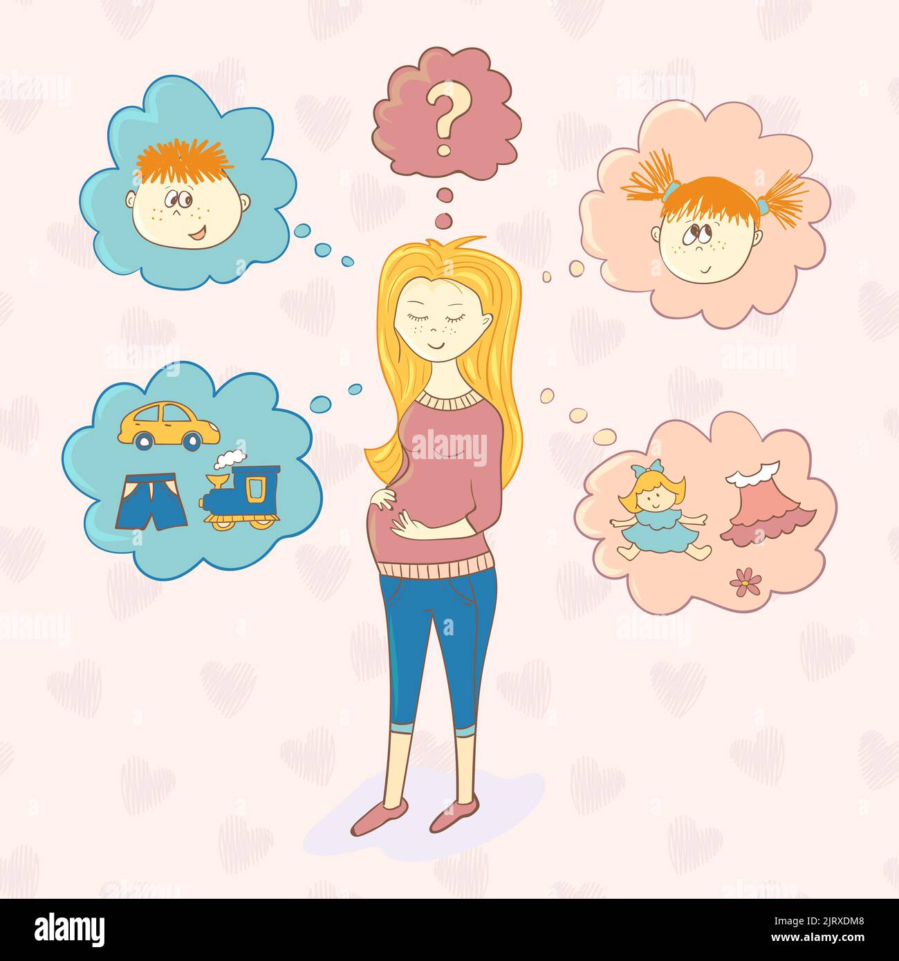 Cartoon pregnant woman with think bubbles. Colorful vector illustration ...
