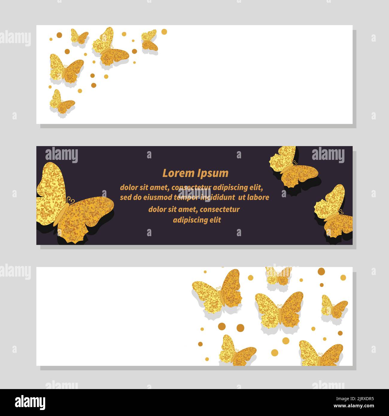 Set of luxury banners with golden glittering butterflies. Vector ...