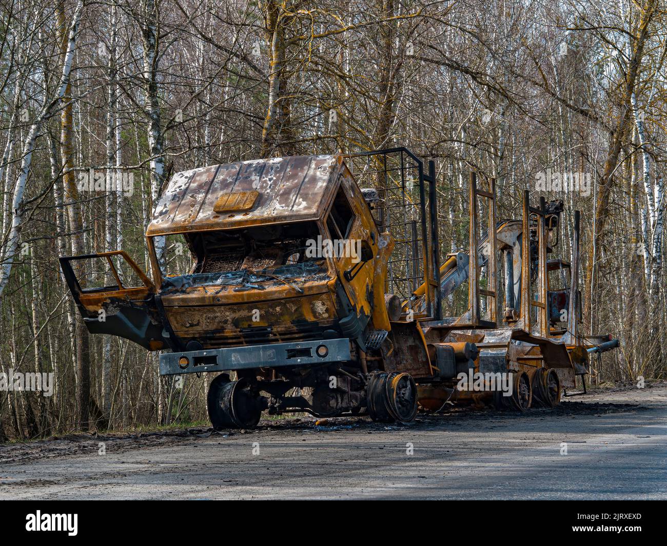 Road traffic accident of a car with fire. Car accident. Road in the ...