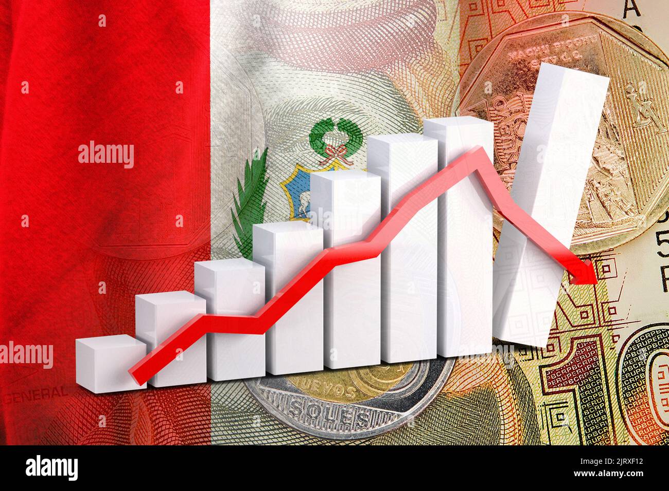Economy Graph - Down Arrow, Cash Peruvian Soles Bills and Peru Flag ...