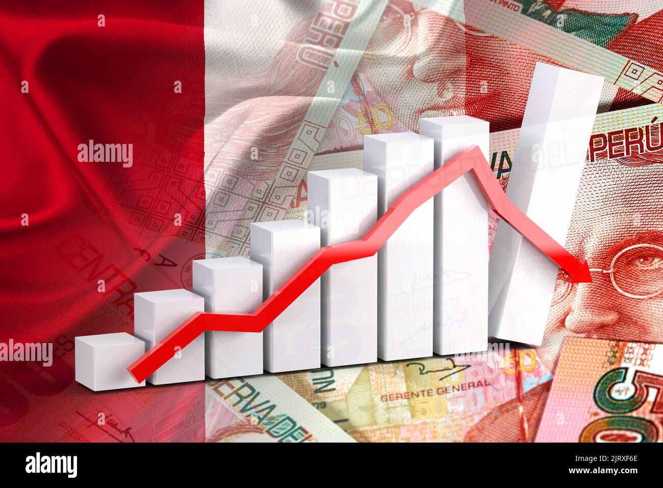 Economy Graph - Down Arrow, Cash Peruvian Soles Bills and Peru Flag ...