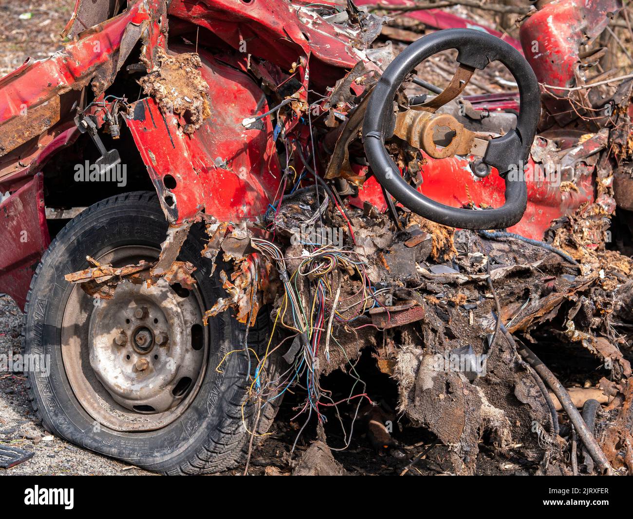 Road traffic accident of a car with fire. Car accident. Road in the ...