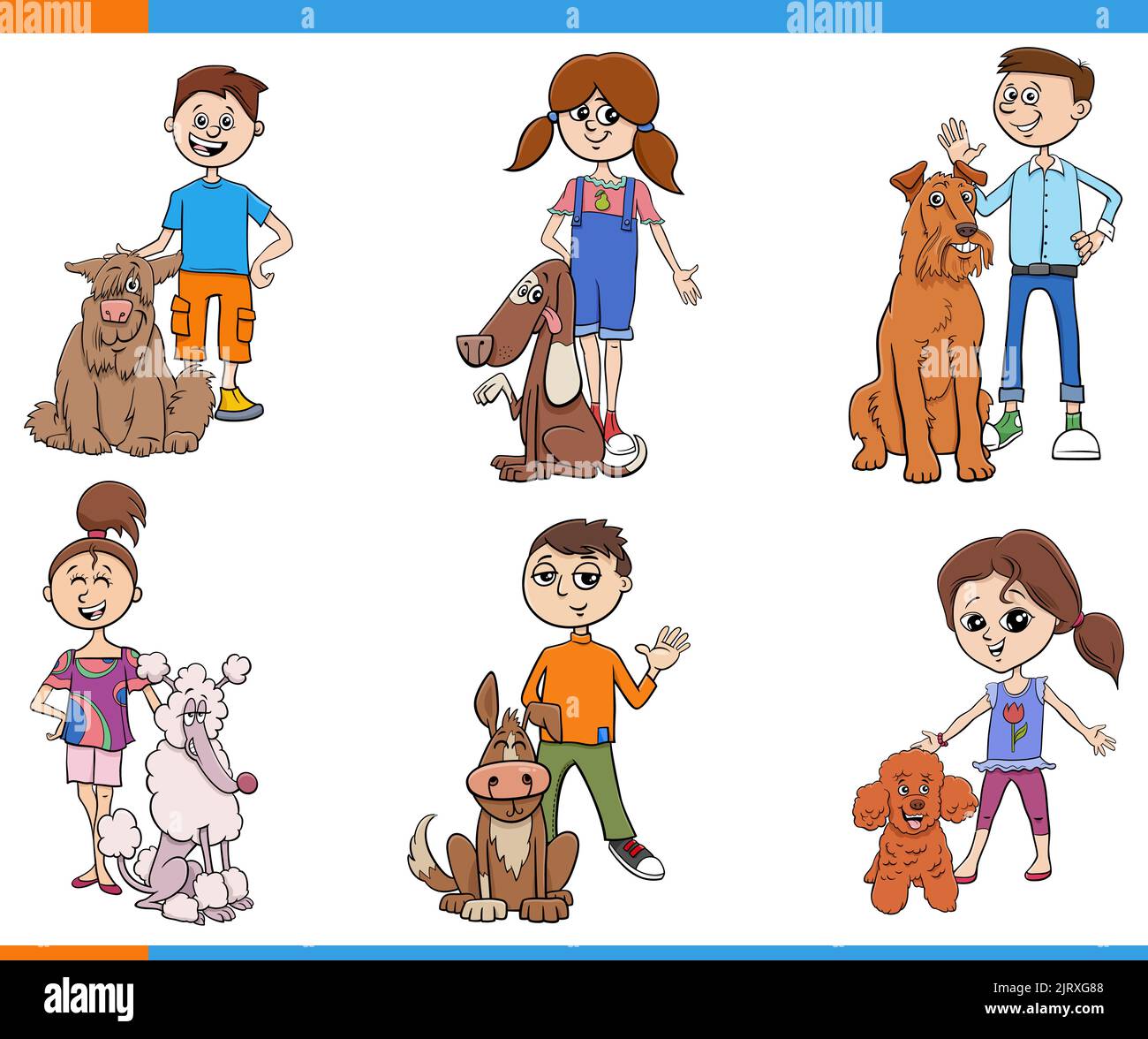 Cartoon illustration of children or teens with their dogs characters ...