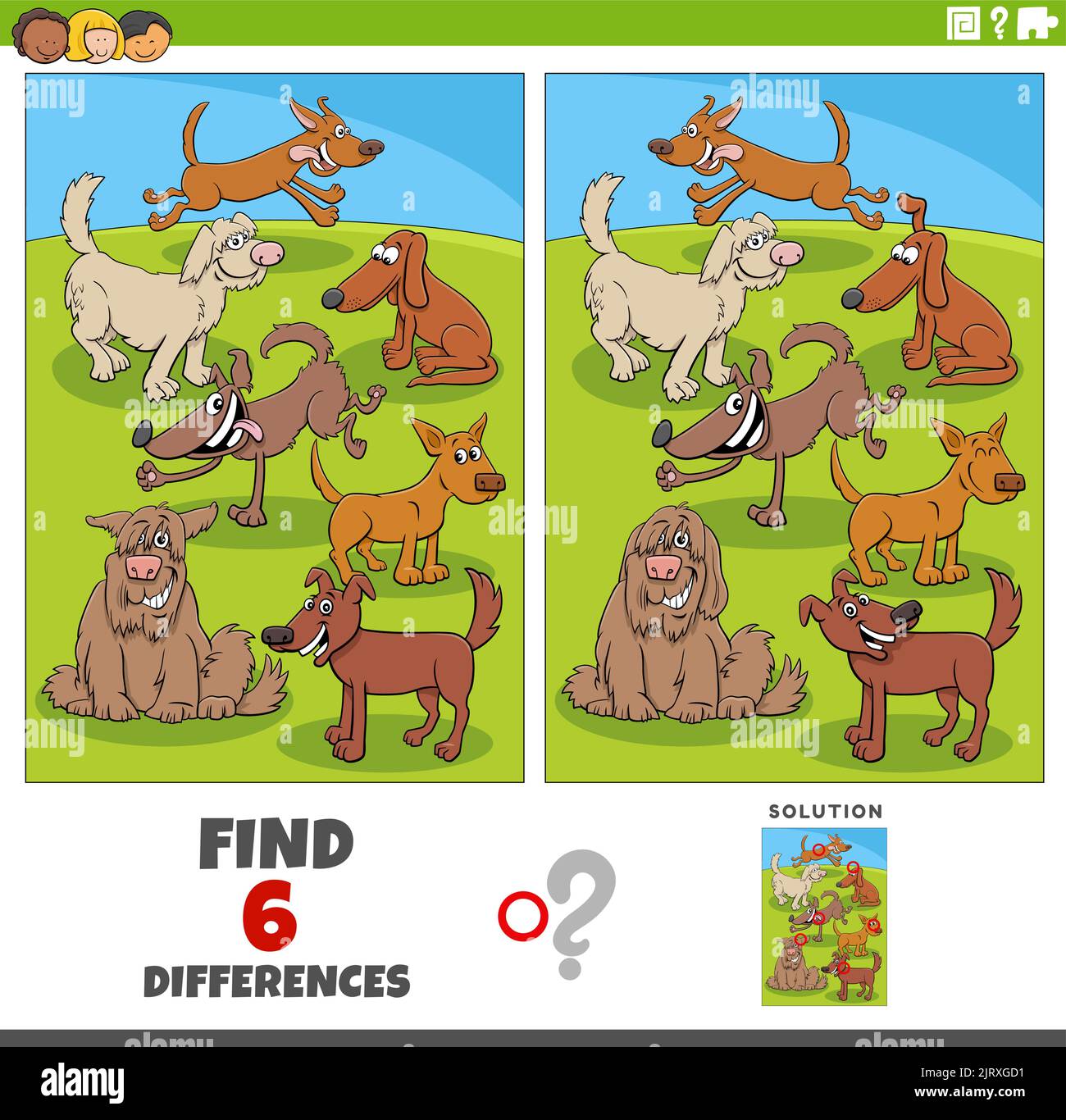 Cartoon illustration of finding the differences between pictures educational task with dogs ...