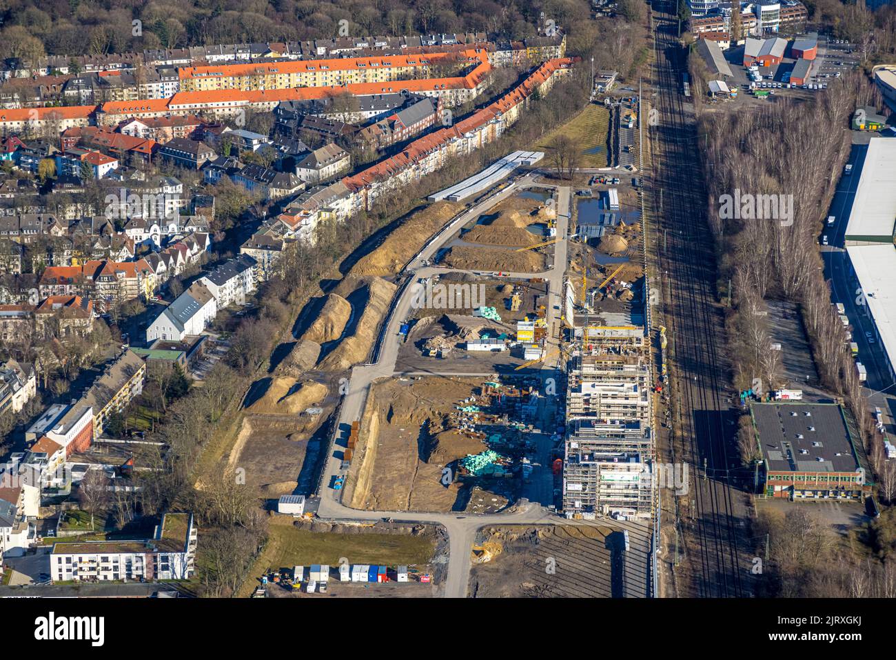 Aerial view, construction site of crown prince quarter for new building of flats at the water ...