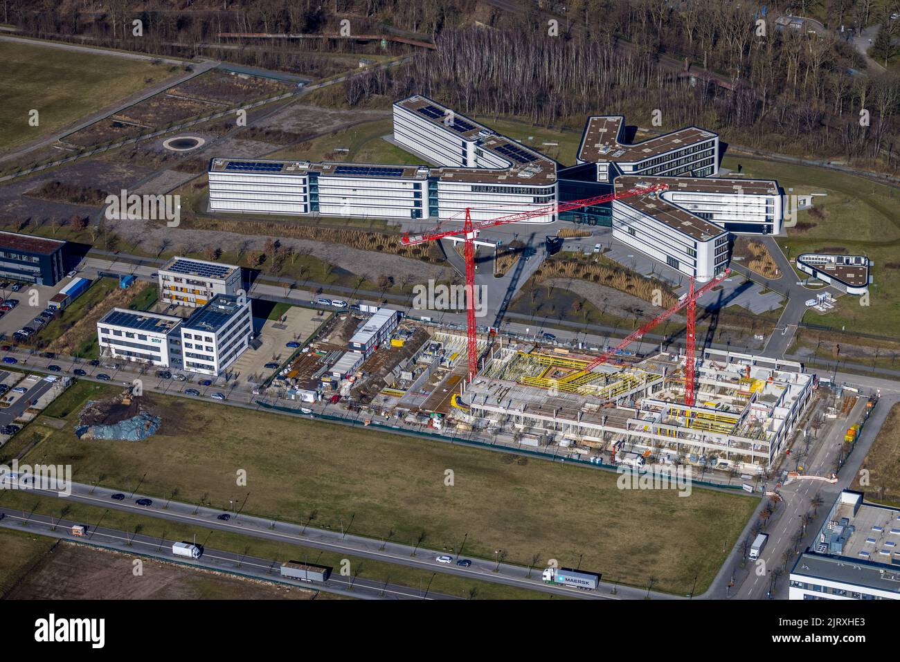 Aerial view, industrial area Phoenix West with Amprion company building ...