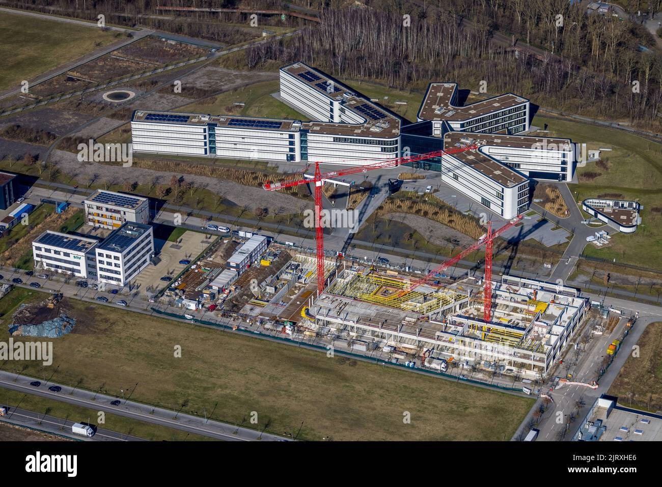 Aerial view, industrial area Phoenix West with Amprion company building ...