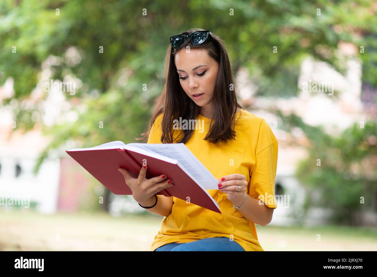 Female student reading a book at the park Stock Photo - Alamy