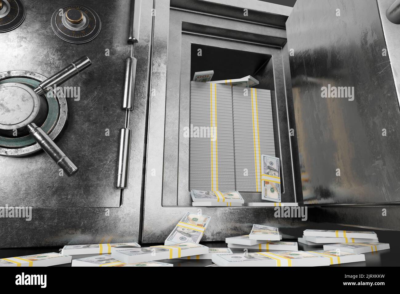 Bank vault safe having many heaps of US 100 dollar banknotes ...