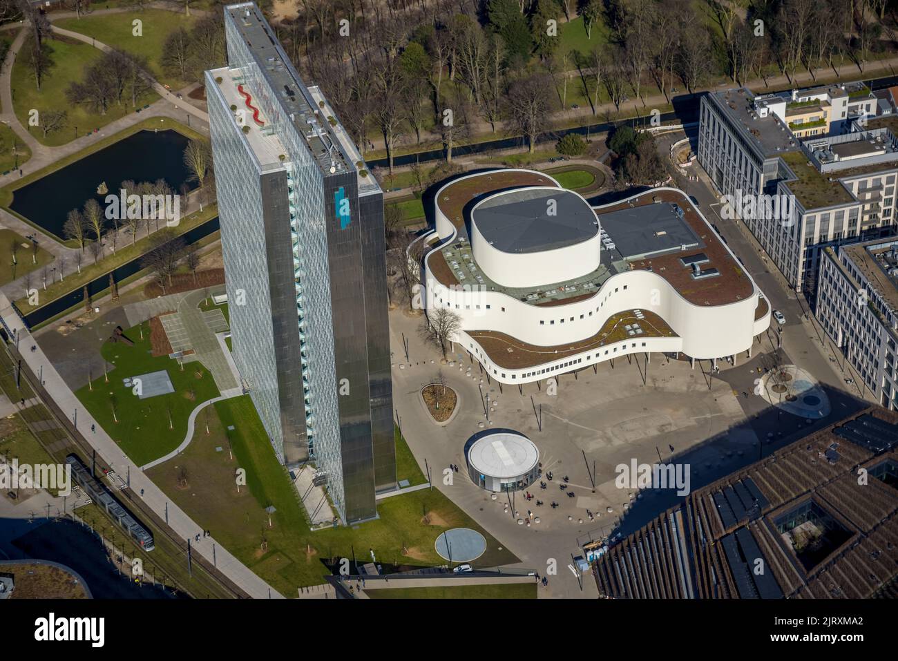 Aerial view, Dreischeibenhaus and Schauspielhaus in city center, Düsseldorf, Rhineland, North ...