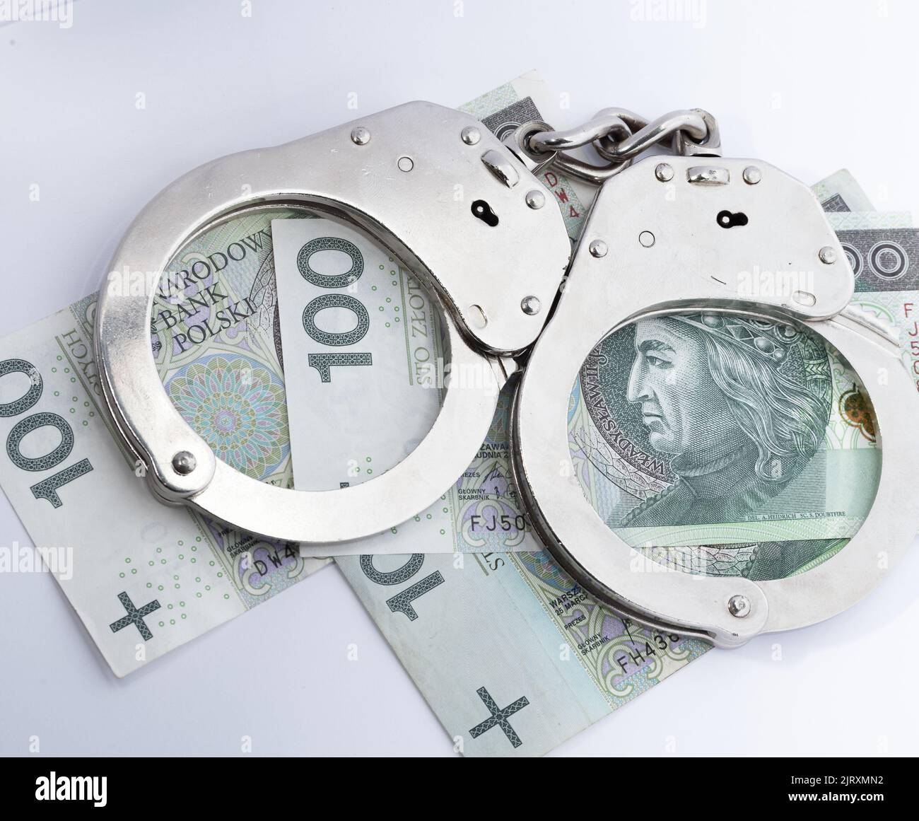 Police handcuffs and banknotes in Polish currency. The concept of ...