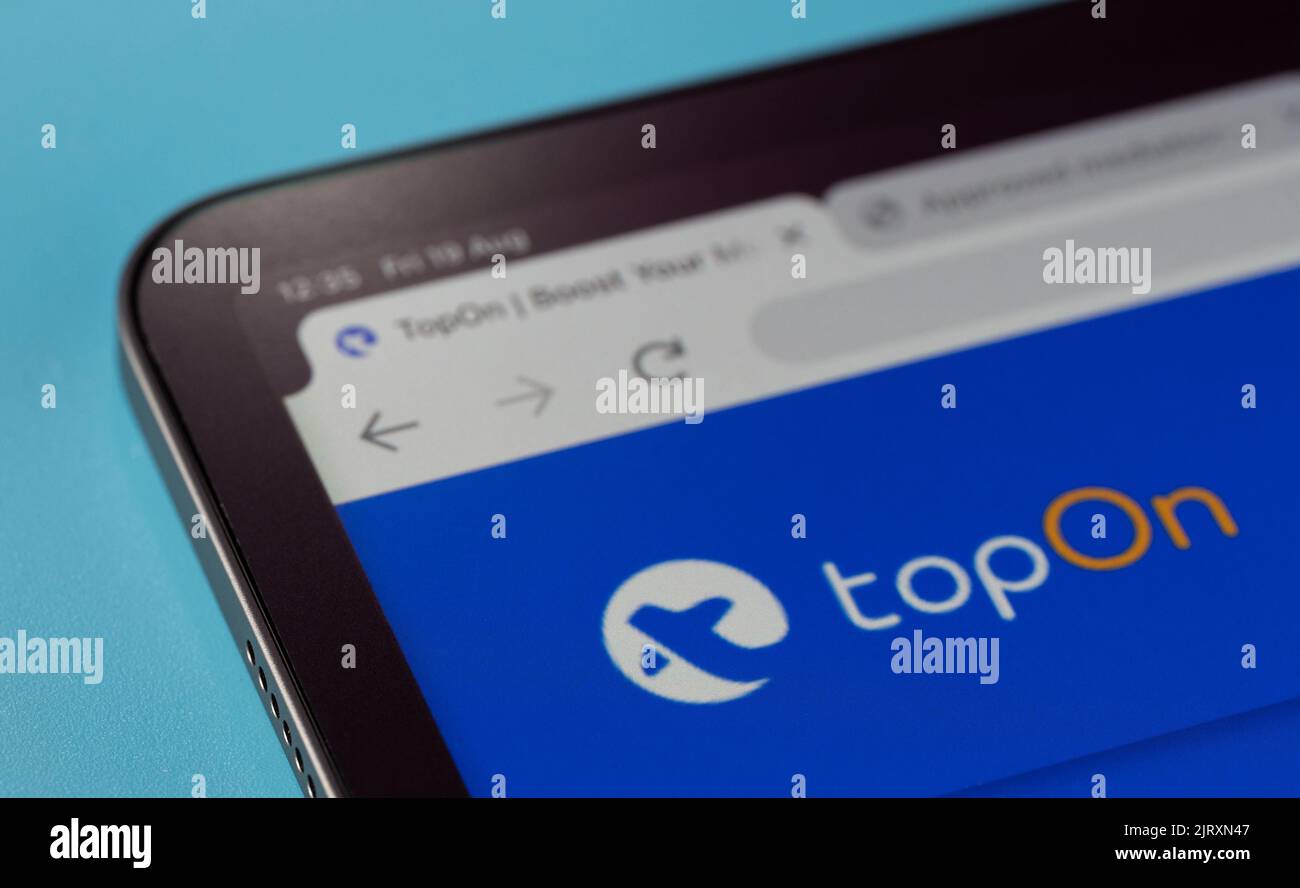 New york, USA - august 20, 2022: Checking TopOn ads service on tablet ...