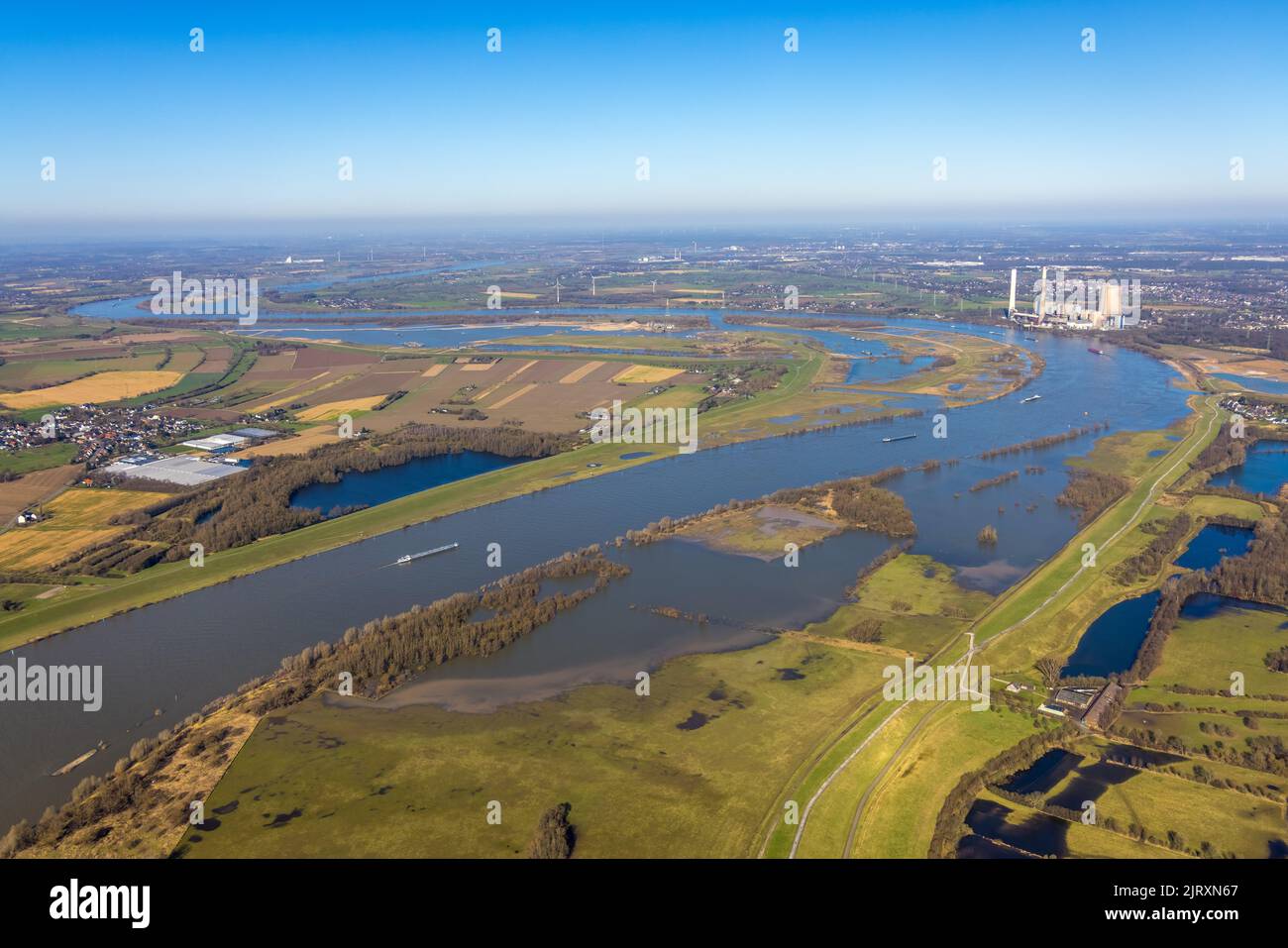 Aerial view, power station Voerde and river Rhine with Rheinaue Walsum ...