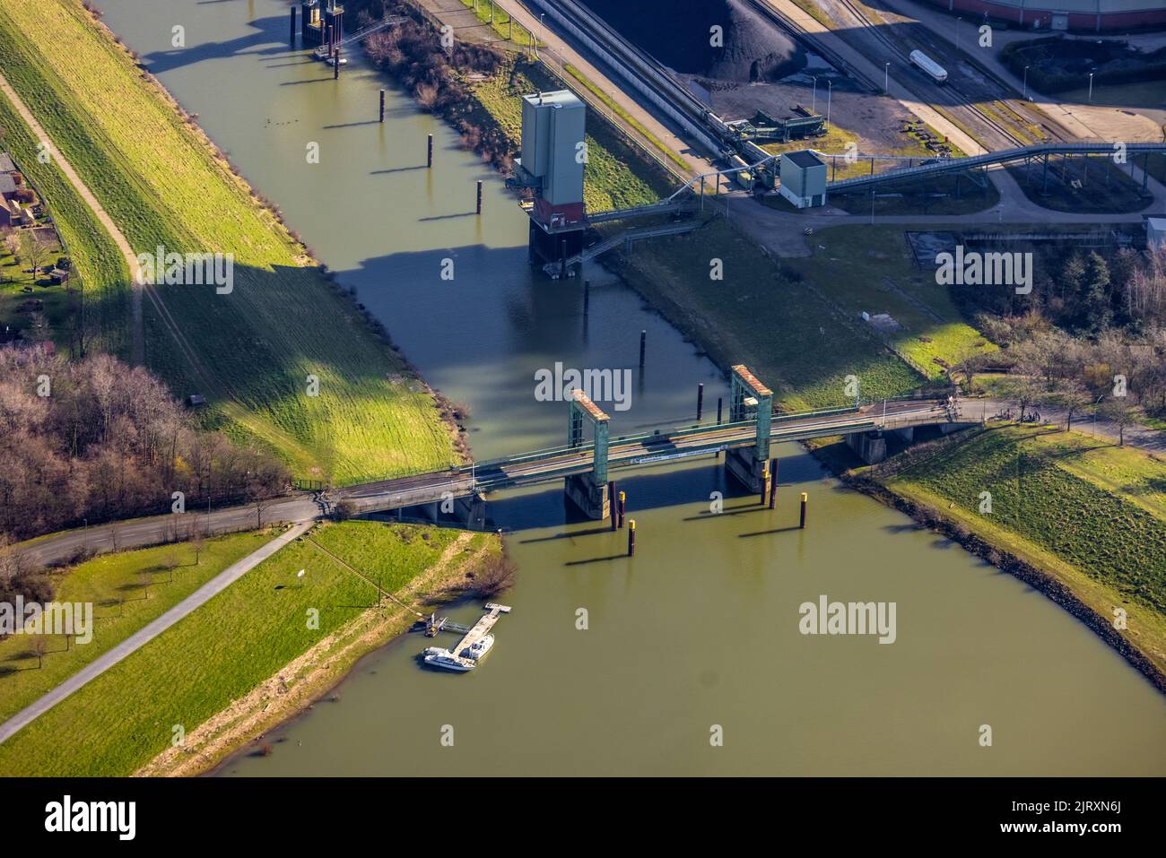 Aerial view, Old Lift Bridge Walsum at the North Harbour in Alt-Walsum ...