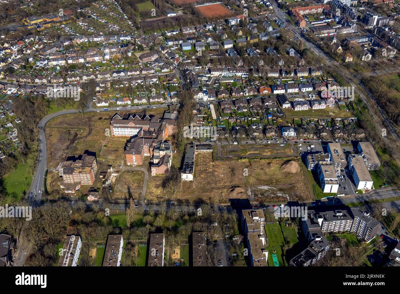 Aerial photograph, fire ruin former St. Barbara Hospital at the ...
